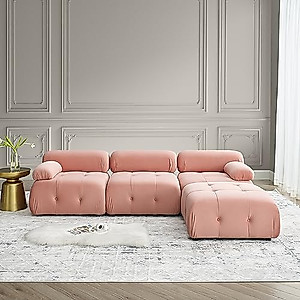 FANYE Pink Velvet Button Tufted L-Shaped Comfy Cute Sectional Sofa Couch DIY Combination w/3 Single Seats and Movable Ottoman, Modern Convertible Modular Sofa&Couch Cloud Deep Seater Sofá, 93"