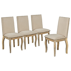 HESIEU Farmhouse Dining Chairs Set of 4 Upholstered Fabric Kitchen Chairs with Antique Bronze Nailhead Decor High Back Chair Solid Wood Legs for Dining Room Kitchen Living Room (Natural Wood Wash)