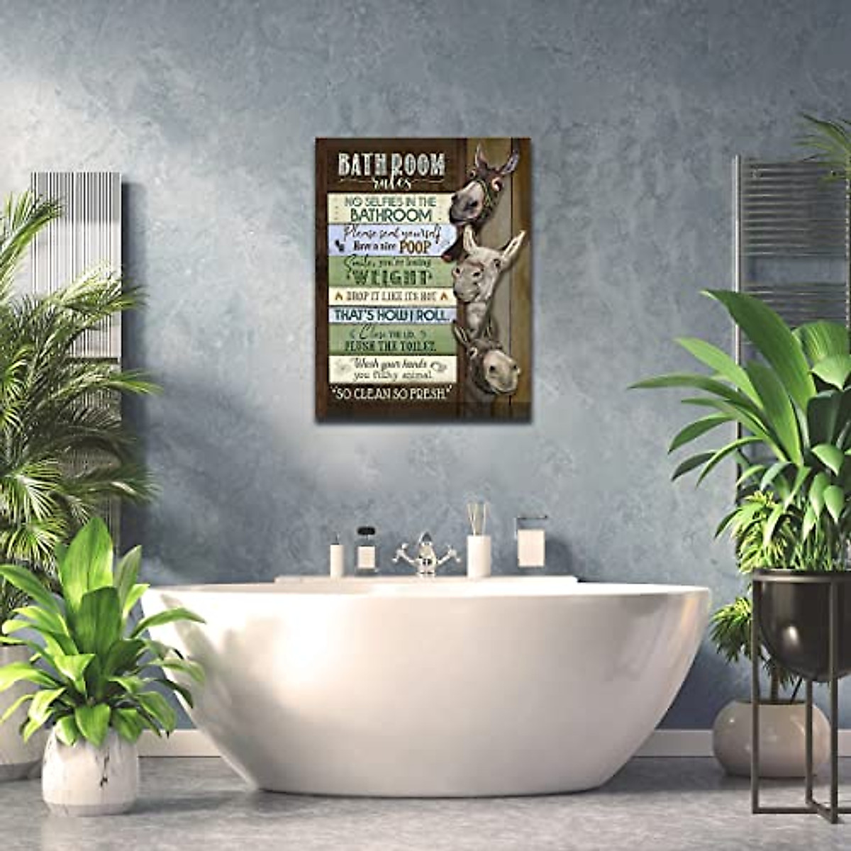 Funny Bathroom Decor Wall Art Donkey Bathroom Rules Wall Decor Rustic Farmhouse Bathroom Signs Canvas Painting Print Bathroom Pictures Decor Artwork Framed Bath Laundry Toilet Home Decoration 12"x16"