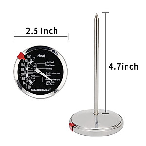 MEASUREMAN Meat Thermometer 2.5 Inch Dial with Red Indicator Clasp 304 Stainless Steel 130-220F/C Poultry Probe Oven BBQ Cooking Thermometers