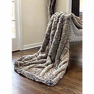 Eikei Luxury Faux Fur Throw Blanket Super Soft Oversized Thick Warm Afghan Reversible to Plush Velvet in Tan Grey Wolf, Cream Mink or Blush Chinchilla, Machine Washable (Timberwolf, X-Long)