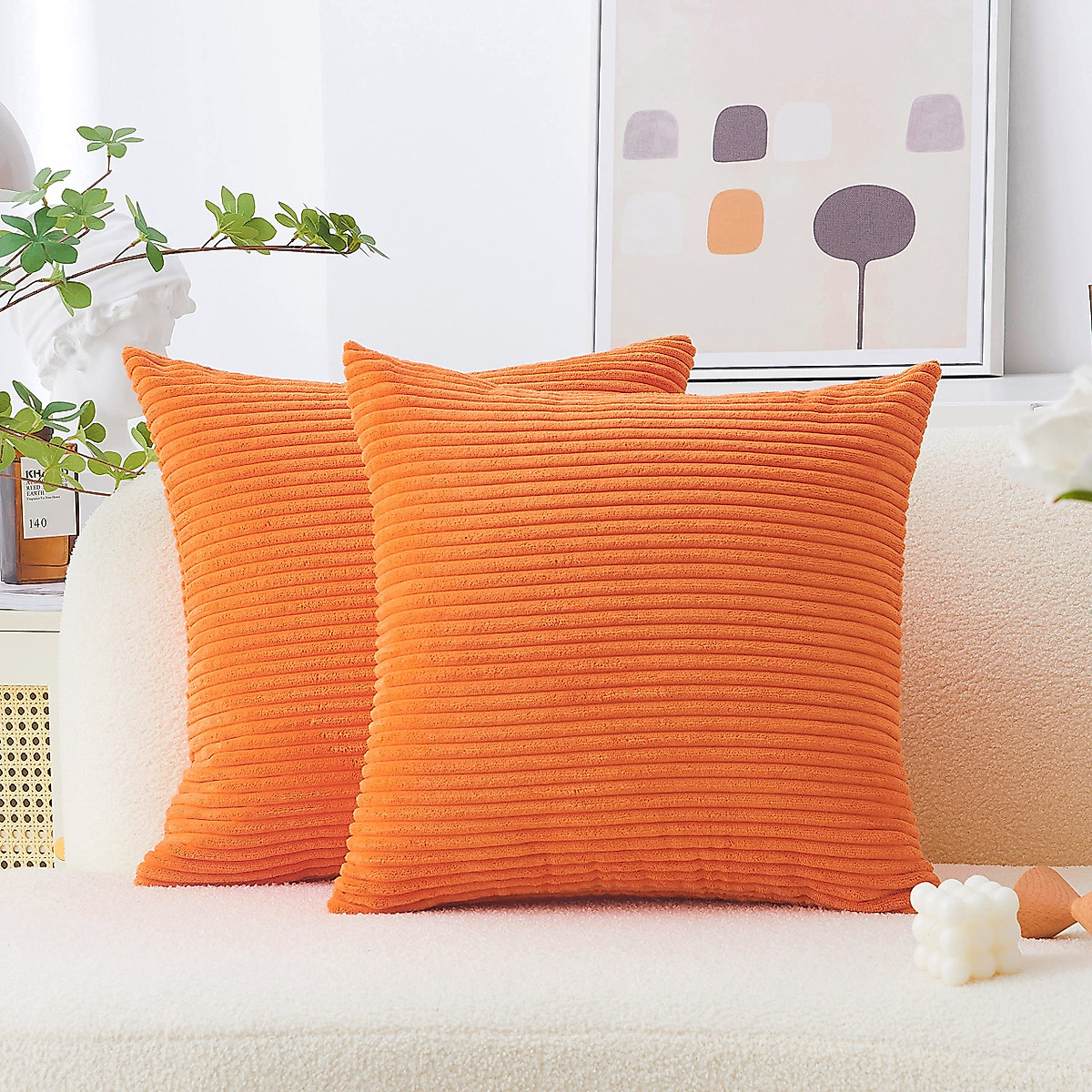 Home Brilliant Burnt Orange Pillow Covers 18x18 Striped Corduroy Throw Pillow Cover Fall Set of 2 Decorative Plush Velvet Cushion Cover for Couch Rust Pillow Covers, 18 x 18 inch, Orange