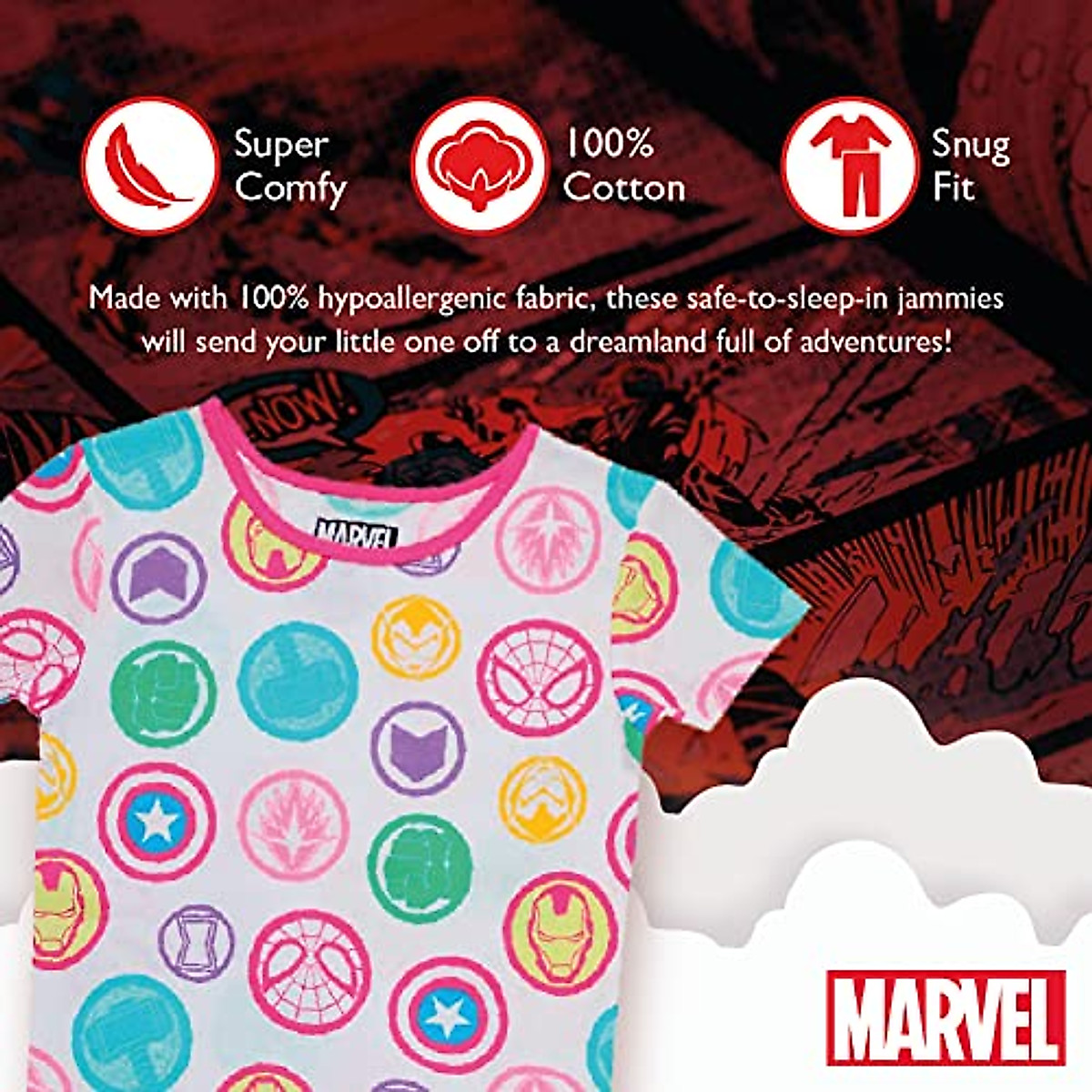 Marvel Girls' 2-Piece Snug-Fit Cotton Pajama Set, MARVEL ICONS, 8