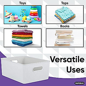 Superio Decorative Plastic Lidded Home Storage Bins Organizer Baskets, Large White Smoke (1 Pack - 15 Liter) Stackable Container Box, for Organizing Closet Shelves Drawer Shelf - Ribbed Collection