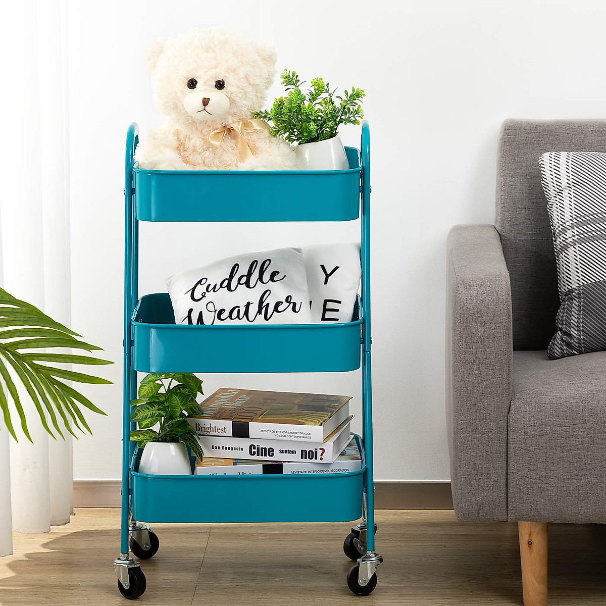 AGTEK Makeup Cart, Movable Rolling Organizer Cart, 3 Tier Metal Utility Cart, Peacock Blue Storage Cart