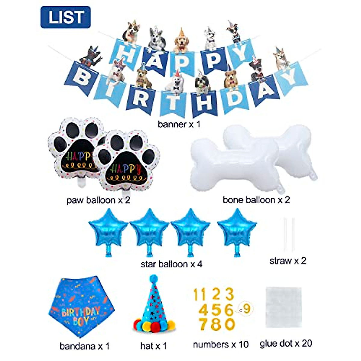 Hollucky Dog Birthday Party Supplies,Dog Party Decorations Set with Dog Birthday Hat,Birthday Banner,Dog Paw Bone Balloon,Dog Birthday Bandana for Large Dogs Pets,Puppy Supplies,Dog Birthday Gift