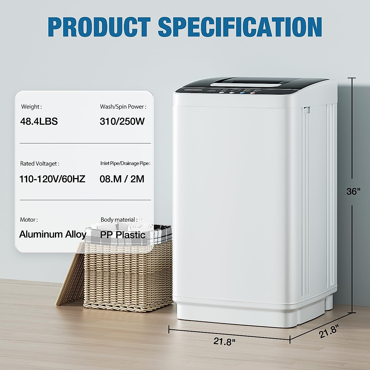 Haddockway Portable Washing Machine,Compact Laundry Washer Energy Saving,2.1 Cu.ft Top Load Washer,10 Programs 8 Water Leves,Full-automatic Washer and Spinner with LED Display/Drain Pump for Home,Dorm