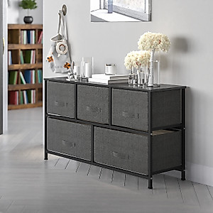 Flash Furniture 5 Drawer Storage Chest - Black Cast Iron Frame and Wood Top - 5 Easy Pull Dark Gray Fabric Drawers