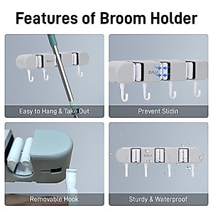 Bntyok Broom Holder with 3 Slots & 4 Hooks Heavy Duty Garden Tool Organizer Broom Hanger Wall Mount for Home Laundry Room Kitchen Closet Shed Garage Organization and Storage - Grey