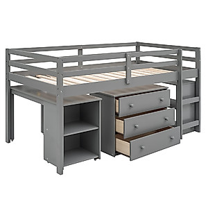 Harper & Bright Designs Low Loft Beds with Desk, Study Twin Size Loft Bed with Storage Cabinet,Wooden Junior Loft Bed Twin for Kids Girls Boys,Gray