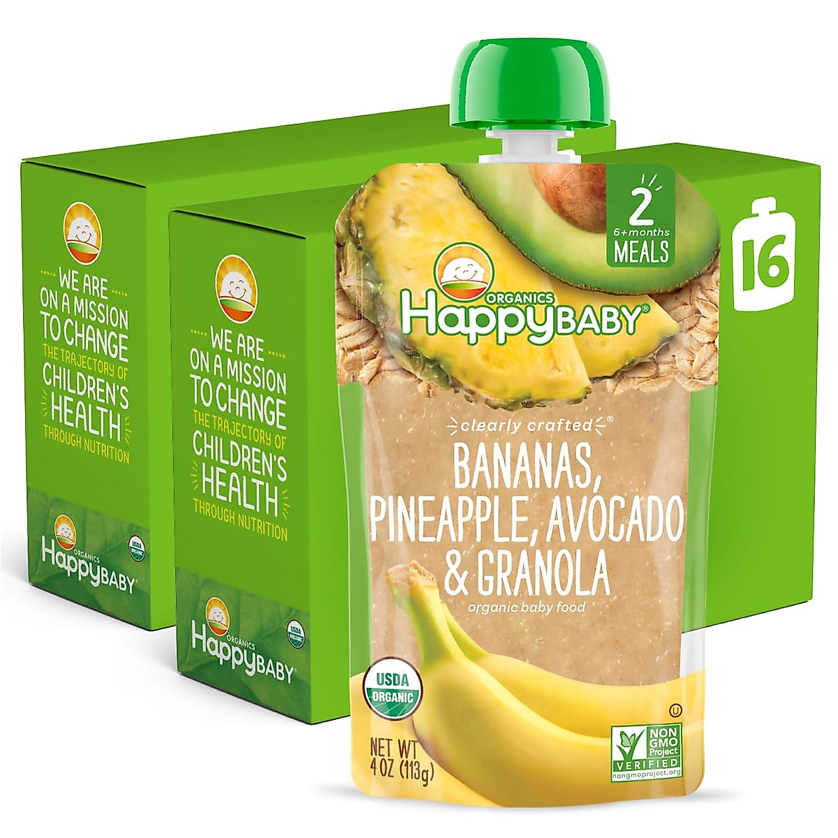Happy Baby Organics Stage 2 Baby Food Pouches, Gluten Free, Vegan & Healthy Snack, Clearly Crafted Fruit & Veggie Puree, Bananas, Pineapples, Avocado & Granola, 4 Ounces (Pack of 16)