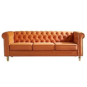 Homtique 84" Modern Sofa Couch for Living Room, 3 Seater Couch Comfy Velvet Sofa Button Tufted Rolled Arms and Gold Legs, Chesterfield Sofa for Home Studio/Office, Bedroom, Orange