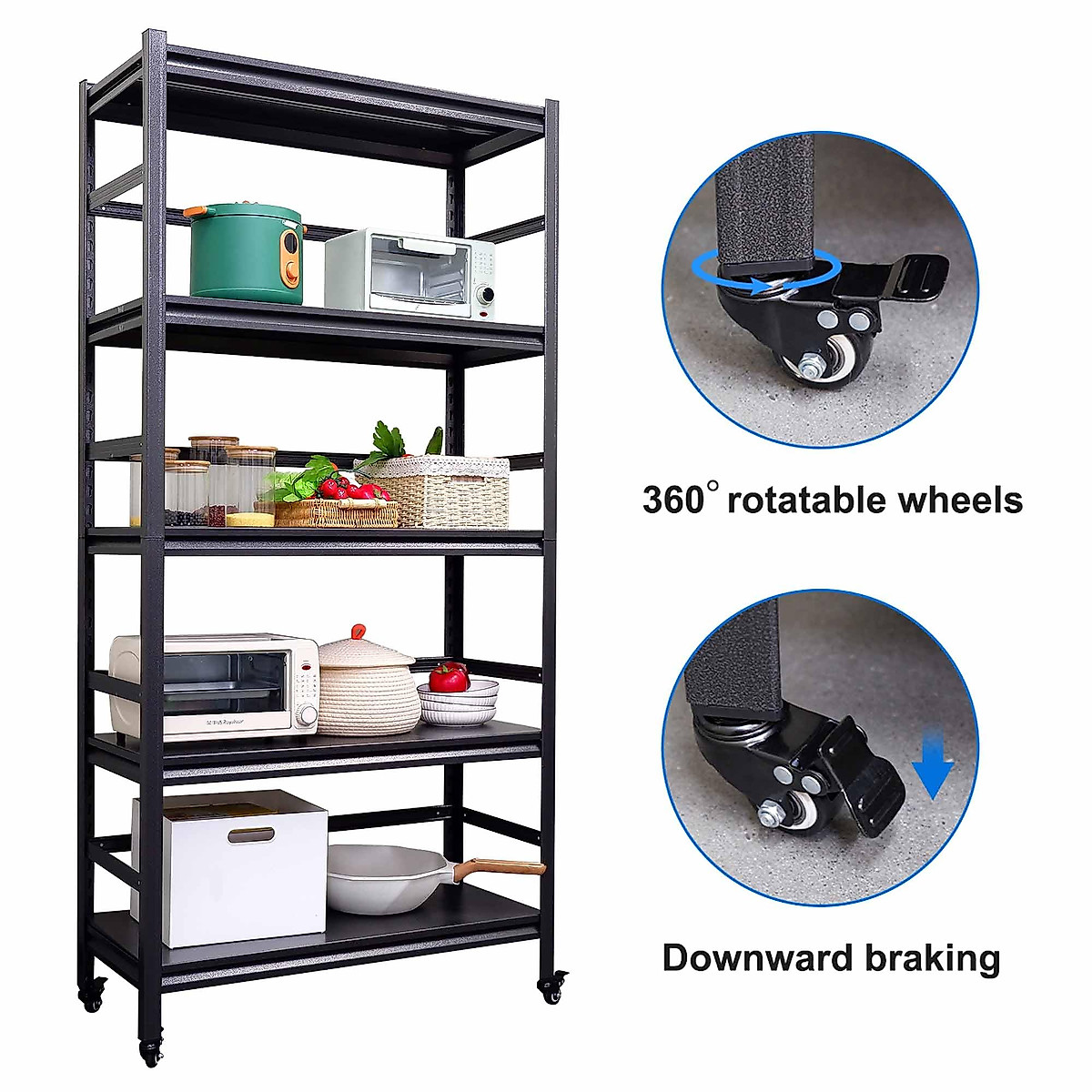 STELSIPLIY 5-Tier Metal Storage Shelves with Wheels, Heavy Duty Metal Shelving Unit, Rolling Kitchen Adjustable Shelves for Kitchen, Bathroom, Garage, Pantry, Easy Assembly, Black