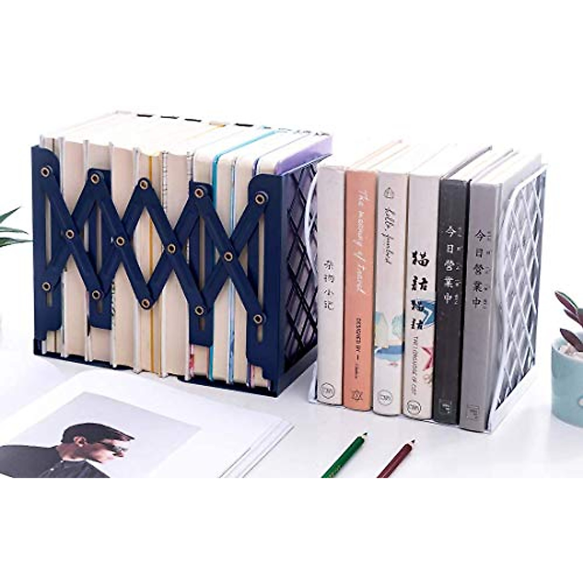 DengHU Bookeds,Adjustable Bookends Table Desktop Desk Expandable Adjustable Bookcase Bookend for Heavy Books Holder for Desk Book Stand Heavy Duty Bookend (White)