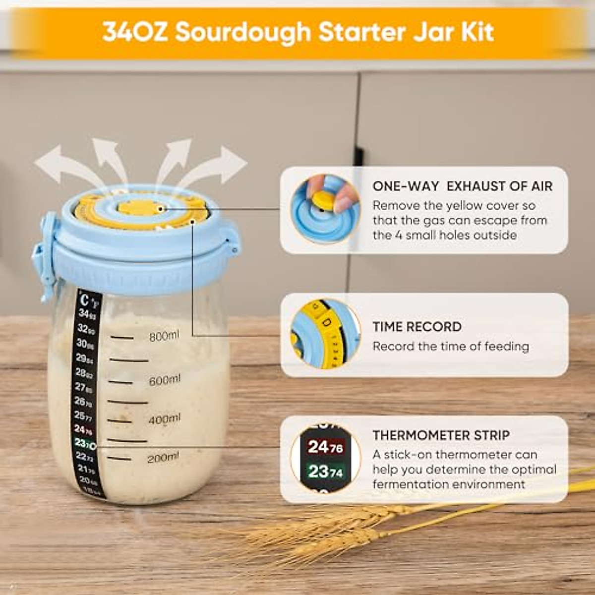 JAOBHAHY Sourdough Bread Baking Supplies, 2 PCS 9" banneton Bread Proofing Baskets, 34 OZ Starter Jar, Linen Liner, Bowl Scraper, Dough Cutte, Bread lame, Temperature Stickers,Perfect Bread Making Kit