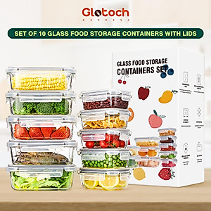 Glotoch 10 Pack Glass Food Storage Containers with Lids Reusable, Ultra Thick Borosilicate Glass Containers for Meal Prep/Lunch, Dishwasher/Microwave/Oven/Freezer Safe, Grey