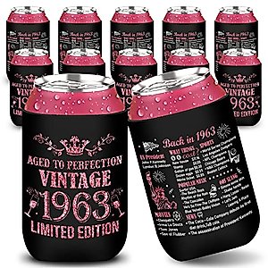 12 Pack 60th Birthday Can Cooler Sleeves Rose Gold 60th Birthday Party Favor Vintage 1963 Beverage Can Sleeves New Year Gifts for Women 60th Birthday Party Decorations Vintage 1963 Party Supplies