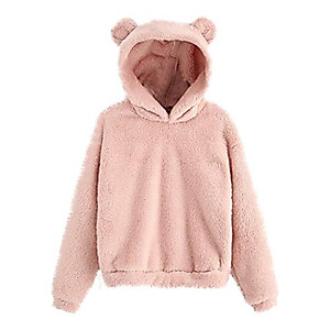 Womens Casual Hooded Sweatshirt Loose Drawstring Pullover Hoodies Long Sleeve Solid Bear Ear Sweatshirt Tops
