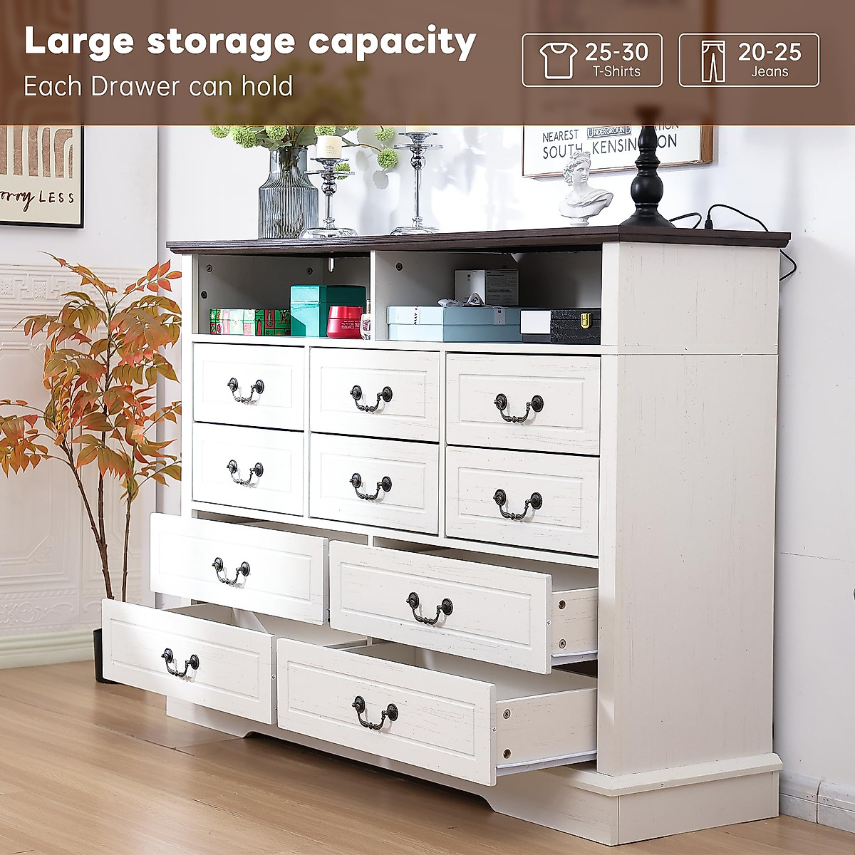 EnHomee 10 Drawers Dresser for Bedroom 55.2''Wide Wood Dresser White Dresser with LED & Power Outlet Large Dressers & Chests of Drawers for Closet,Hallway, 55.2" W x 39.4" H x15.8 D