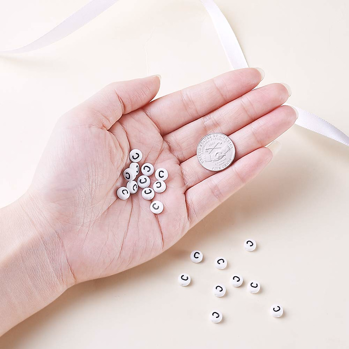 Pandahall 100Pcs Letter Beads 7x4mm White Flat Round with Letter C Acrylic Beads for Jewelry Making