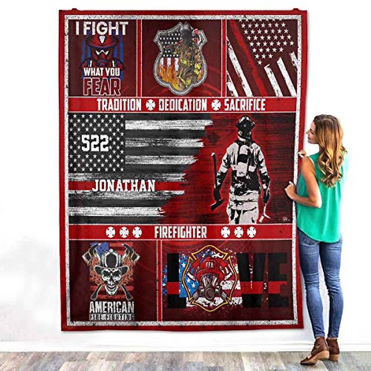 VTH GLOBAL Personalized Custom Name Unit Number Volunteer Firefighter Thin Red Line Redline Fireman American Flag Fleece Sherpa Throw Christmas Birthday Blanket Twin Queen Size Tapestry Wall Hanging