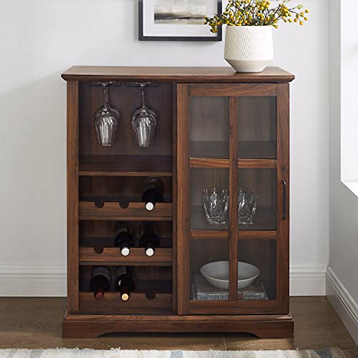 Walker Edison Wood Sliding Glass Door Bar Cabinet Entryway Serving Wine Storage Doors Dining Room Console, 36 Inch, Dark Walnut