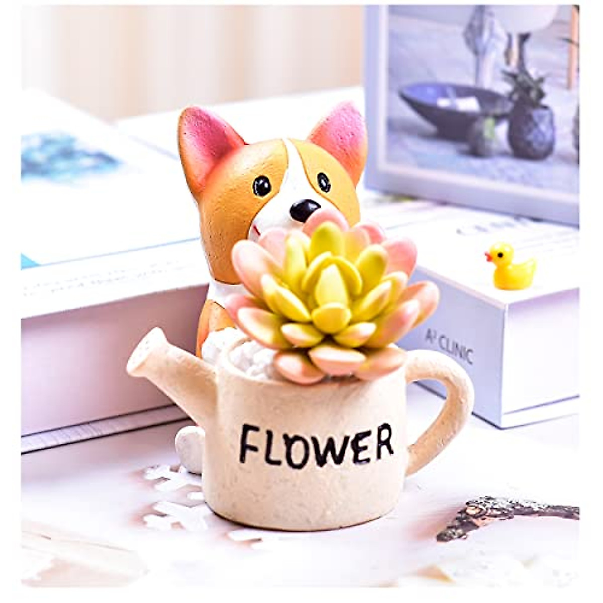 Cute Animal Small Corgi Teacup Shape Flower Pot with Drainer Garden Flower Pot Resin Succulent Potted Bonsai Plant Stand Home Desk Mini Ornaments Without Plants
