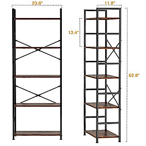 CosyStar 5-Tier Tall Bookcase, Rustic Wood and Metal Standing Bookshelf, Industrial Vintage Book Shelf Unit, Open Back Modern Office Bookcases