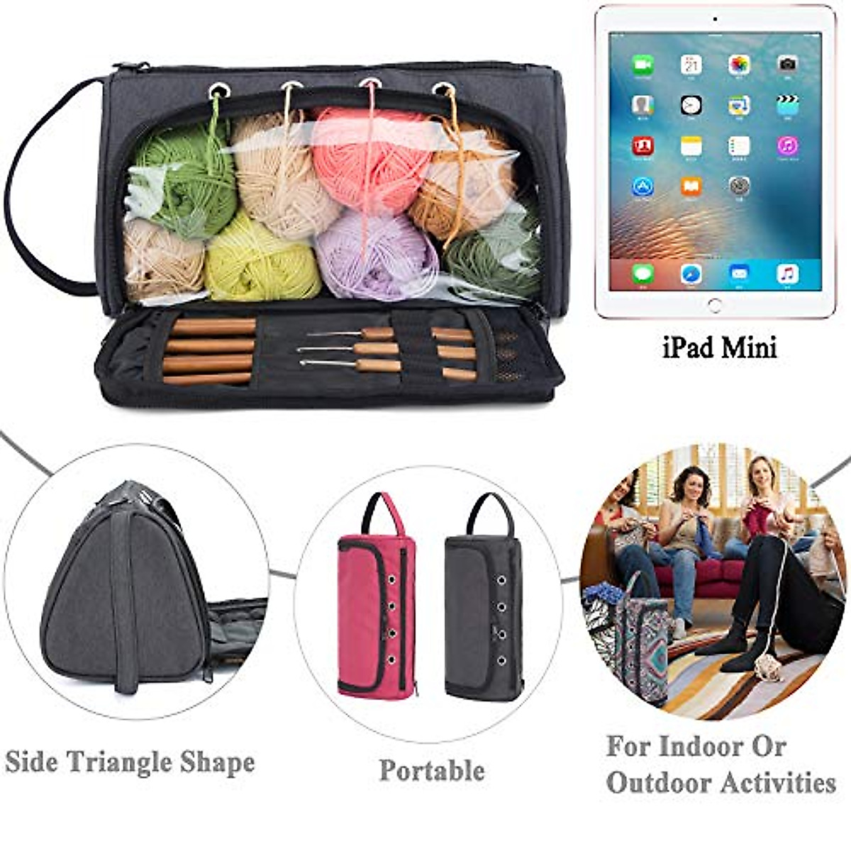 Pacmaxi Yarn Storage Knitting Organizer Lightweight Yarn Storage Bag with Holes Portable Knitting Organizer for Cotton Yarns, Crochet Hooks, Knitting Needles(Up to 10 Inch) (Dark Gray)