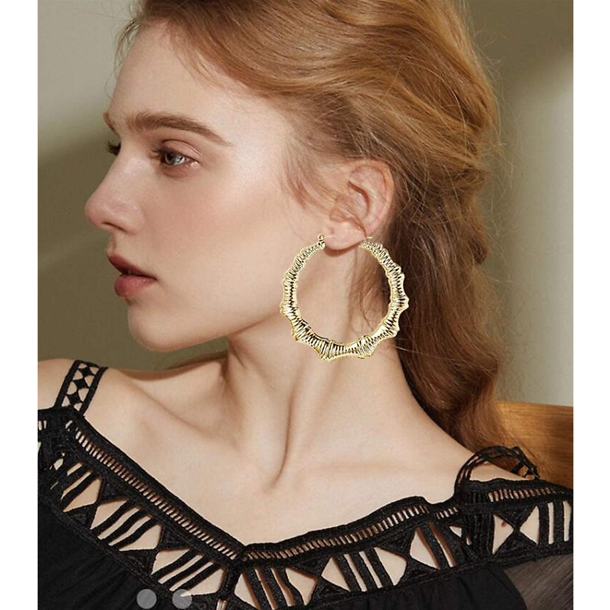 Hanpabum 3 Pairs Bamboo Earrings Large Hoop Earrings Set Gold Tone Round Statement Hip-Hop Earrings For Women (A)