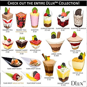 DLux 50 x 3.5 oz Mini Dessert Cups with Spoons, Small Swirl - Clear Plastic Parfait Appetizer Cup - Small Reusable Serving Bowl for Tasting Party Desserts Appetizers - With Recipe Ebook