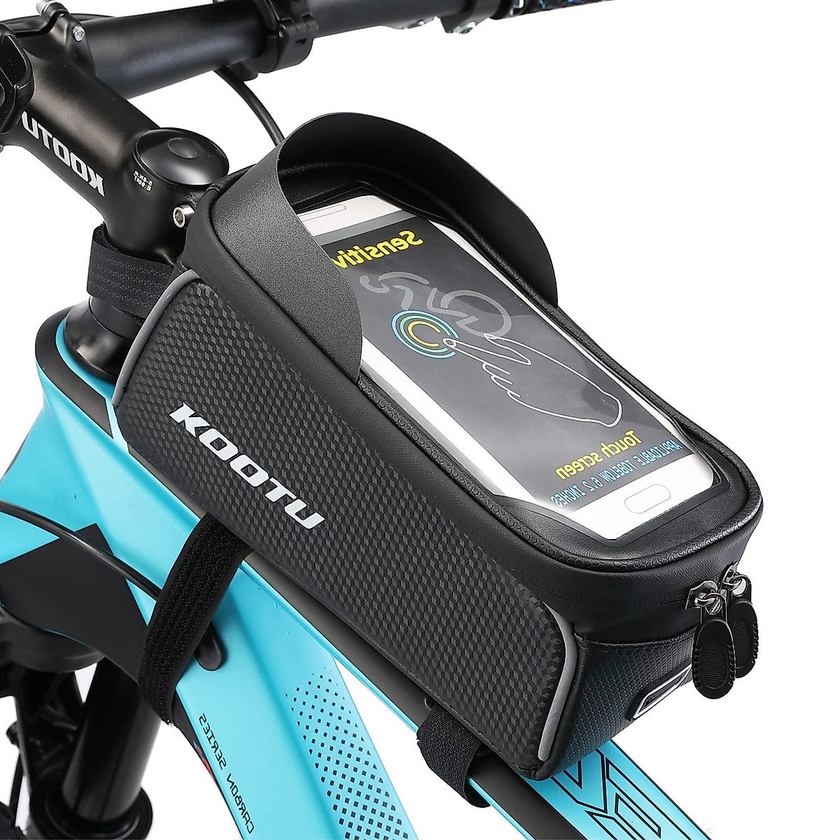 KOOTU Top Tube Front Storage Case,Bike Cell Phone Holder Pouch Bag with TPU Touch-Screen and Sun-Visor,Waterproof Bike Phone Mount for Smartphone Under 6.5"