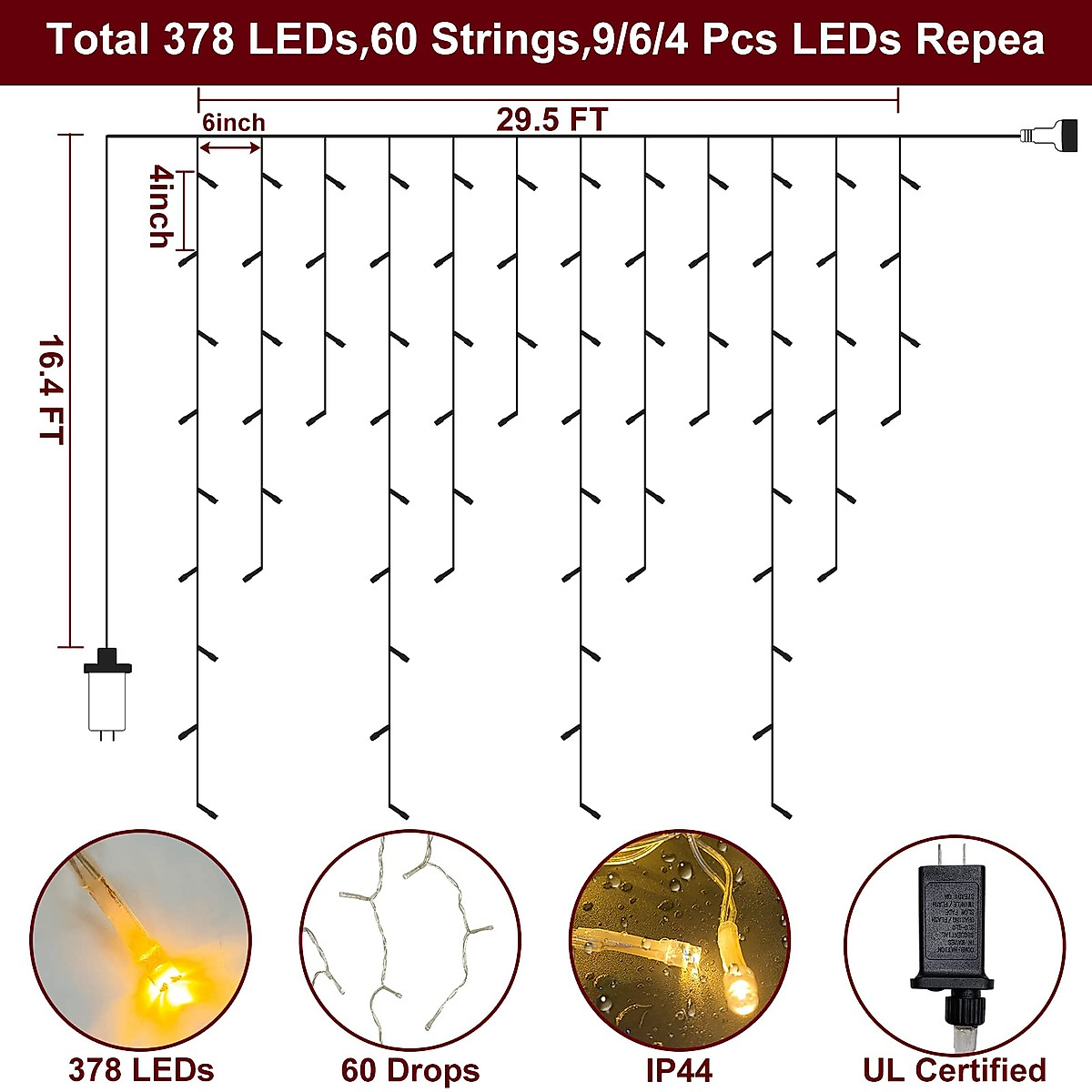 378LED Icicle Christmas Lights Outdoor Decoration 29.5 Ft 8 Modes 60 Drops Christmas Fairy String Curtain Lights Christmas Decoration Eaves Window Holiday Yard Garden Indoor Home (Warm White)