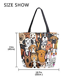 ALAZA Large Canvas Tote Bag Cute Doodle Dog Print Animal Shopping Shoulder Handbag with Small Zippered Pocket