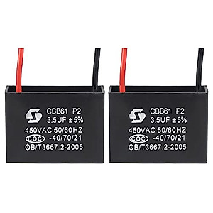 YOKIVE 2Pcs Ceiling Fan Capacitor CBB61, Metallized Polypropylene Film Capacitor Great for Fans Pumps Motors Running (3.5uF 450V AC 2 Wires 50/60Hz)