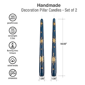 Hand Painted Blue Gold Night Taper Candles - Set of 2-10" tall - 8 hours burning time Mothers Day Gift Home Decor