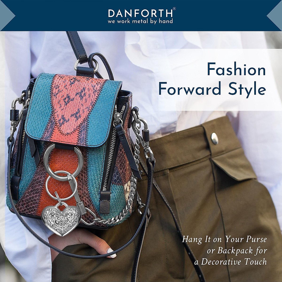 DANFORTH Florentine Heart Keychain Handcrafted Pewter Love Keychain For Her – 1 ½” Tall, Made In USA