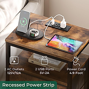 Huuger Nightstand with Charging Station, 27.6 Inch Bedside Table with Fabric Drawers, End Table Side Table with USB Ports and Outlets, Night Stand for Bedroom, Rustic Brown