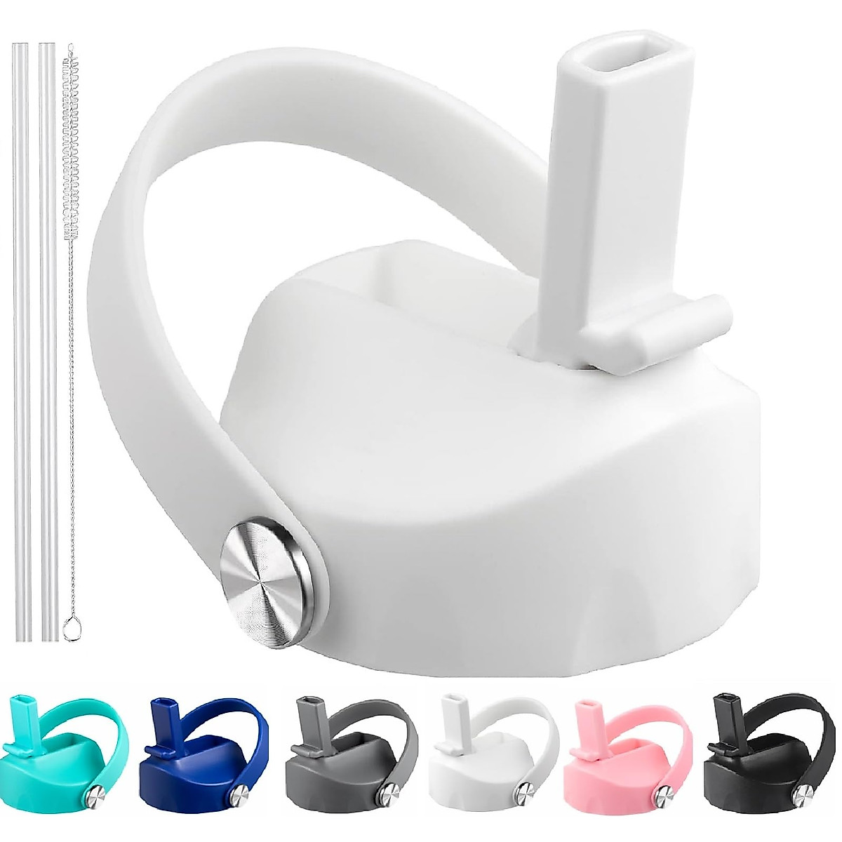 Straw Lid Compatible with 12 16 18 32 40 oz Wide Mouth Hydro Flask, Lids with Straw for Water Bottle Accessories, Replacement Straw Cap with Flex Handle for Hydroflask, White