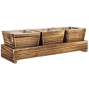 MyGift Countertop Herb Garden Container, Rustic Brown Wood Planter Box Succulent/Flower Pot Set with Decorative Bottom Tray and Plastic Liner