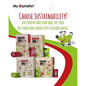 My AlphaPet Compostable Dog Poop Bags, Cornstarch Eco-Friendly, HOME COMPOST NF T 51-800, 240 Count, Large Size Bag 9x13 Inches, 16 Unscented Refill Rolls, Leak-proof, Plantbased, GM-Free Corn (Green)