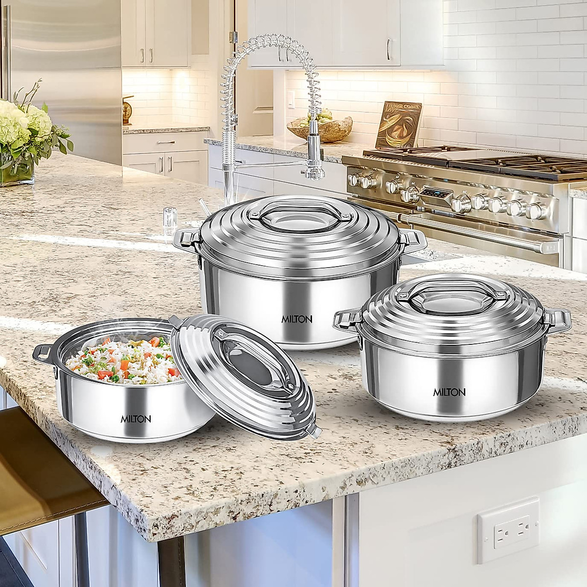 Milton Thermosteel Galaxia Insulated Hotpot Casseroles, Set of 3, Stainless Steel (1000ml, 1500ml, 2500ml)