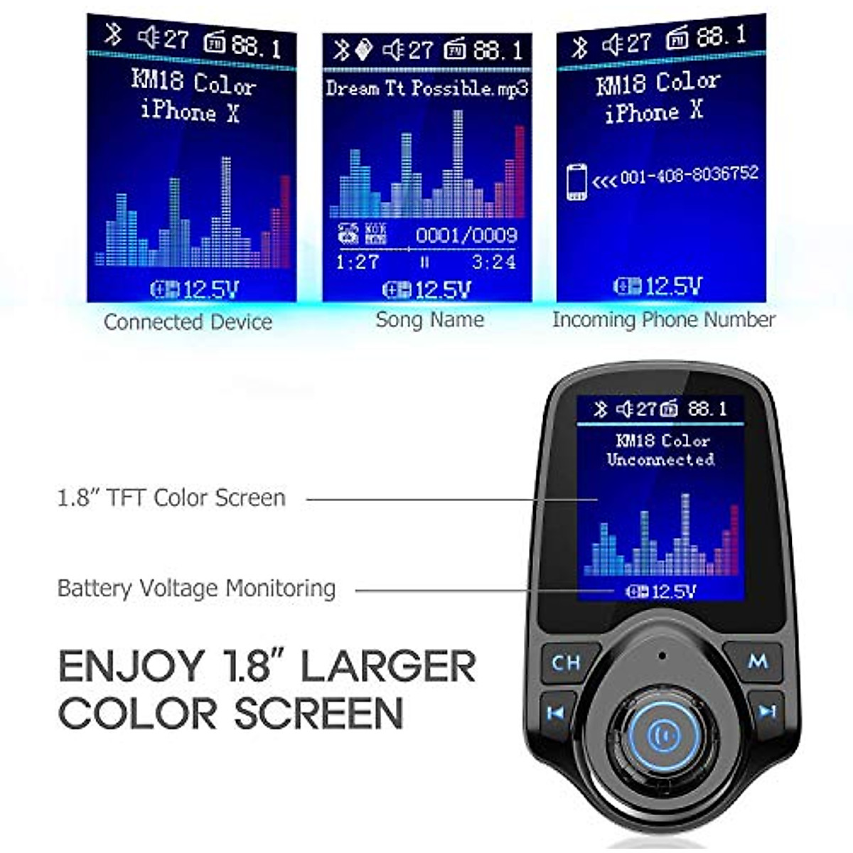 Nulaxy Wireless In-Car Bluetooth FM Transmitter Radio Adapter Car Kit W 1.8 Inch Display Supports TF/SD Card and USB Car Charger for All Smartphones Audio Players-KM18 color