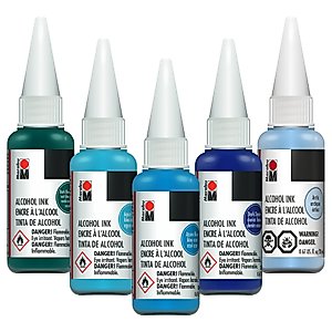 Marabu Blue Alcohol Ink Set - 5 Colors Set, Aqua Blue, Azure Blue, Dark Denim, Dark Blue Green, Arctic - Alcohol Ink for Epoxy Resin, Tumblers, Alcohol Ink Paper - Large 0.68 Ounce Inks