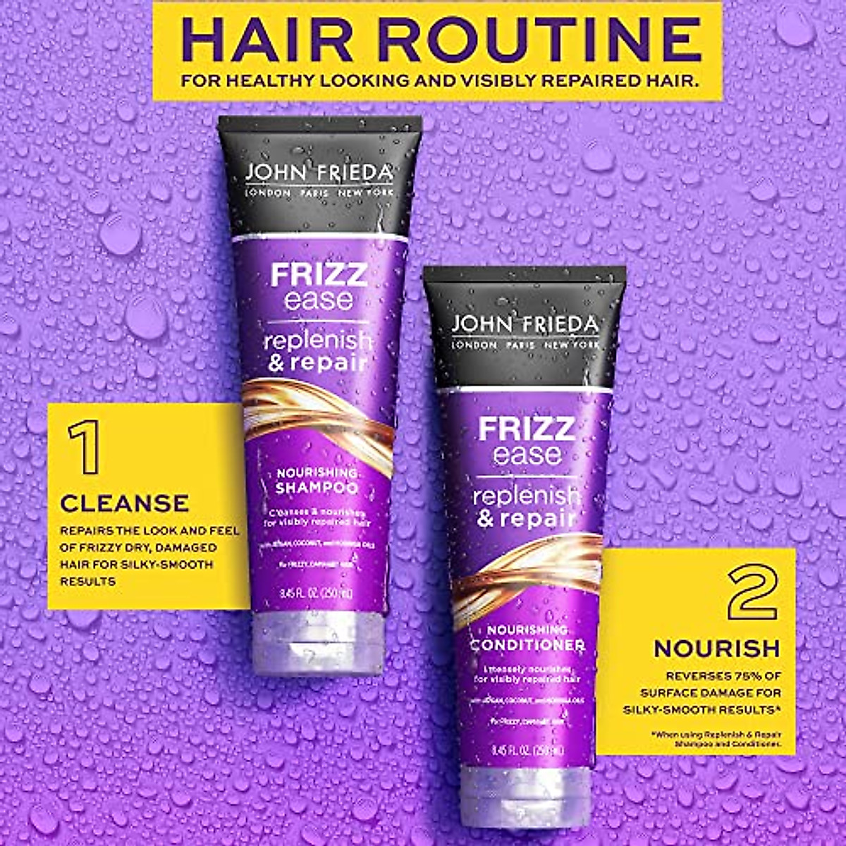 John Frieda Frizz Ease Replenish & Repair Conditioner, Repairs Damage and Dryness for Shiny, Frizz-Protected Styles, Infused with Argan, Moringa, and Coconut Oil for Nourished, Smooth Hair, 8,45 Oz