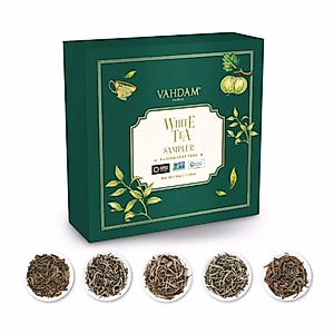 VAHDAM, Assorted White Tea Sampler Gift Set (25 Cups, 1.76oz) Gluten Free, Non GMO - 5 Unblended White Loose Leaf Tea Sampler | Tea Variety Pack | Tea Gift Set, Gifts for Women & Men