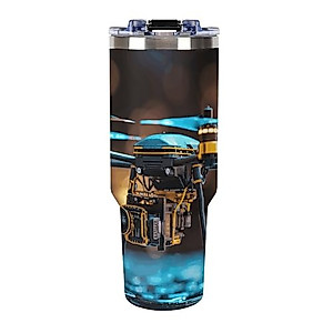 LLUTSNTH 40 Oz Vacuum Tumbler with Deep Blue Handle Leakproof Insulated Tumbler Drone Stainless Steel Travel Mug with Lid And Straw Coffee Cup Cute Water Bottles Cup Holder Friendly