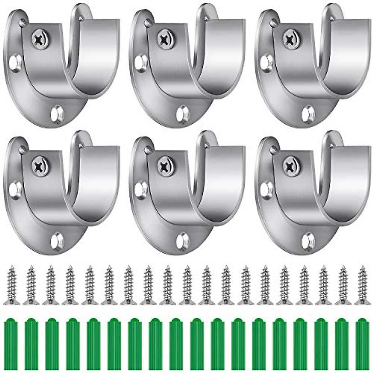 Favordrory 6 Pieces Stainless Steel Closet Pole Sockets Rod Socket Flange Set Rod Support Flange Holder, U Shaped, Easy Installation or Removal