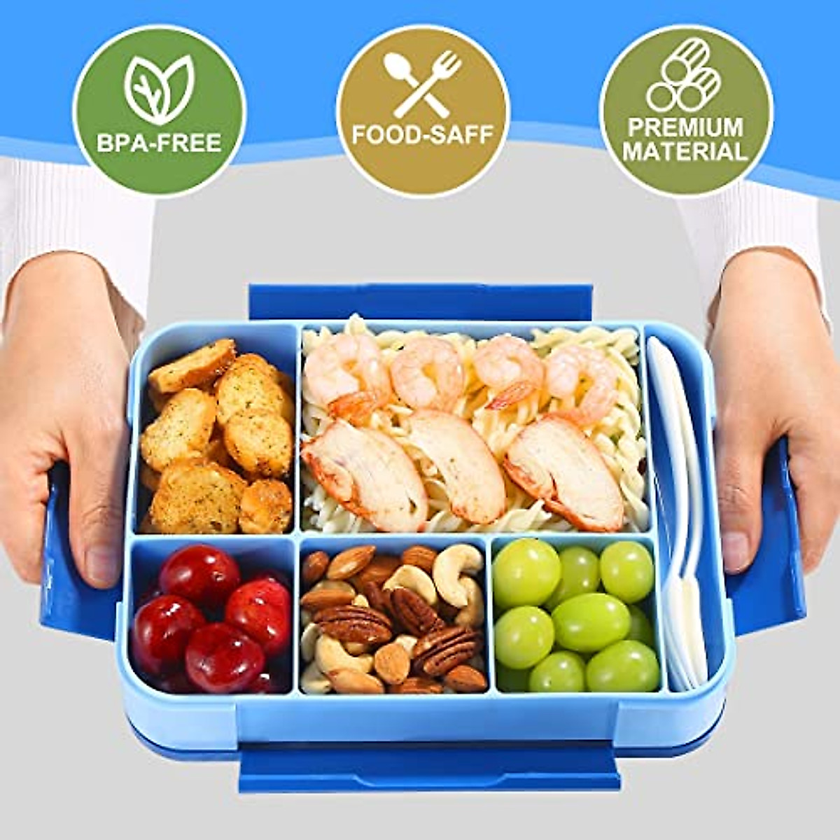 LOVINA Bento Box for Adult Kids, Stylish Teens Adult Lunch Box Containers With 5 Compartments, Durable, Microwave/Dishwasher Safe, BPA-Free, Perfect for On-the-Go Meal(Blue)