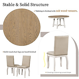 Harper & Bright Designs TREXM 5-Piece Farmhouse Dining Table Set Wood Round Extendable Dining Table and 4 Upholstered Dining Chairs (Oak Natural Wood + Antique White)